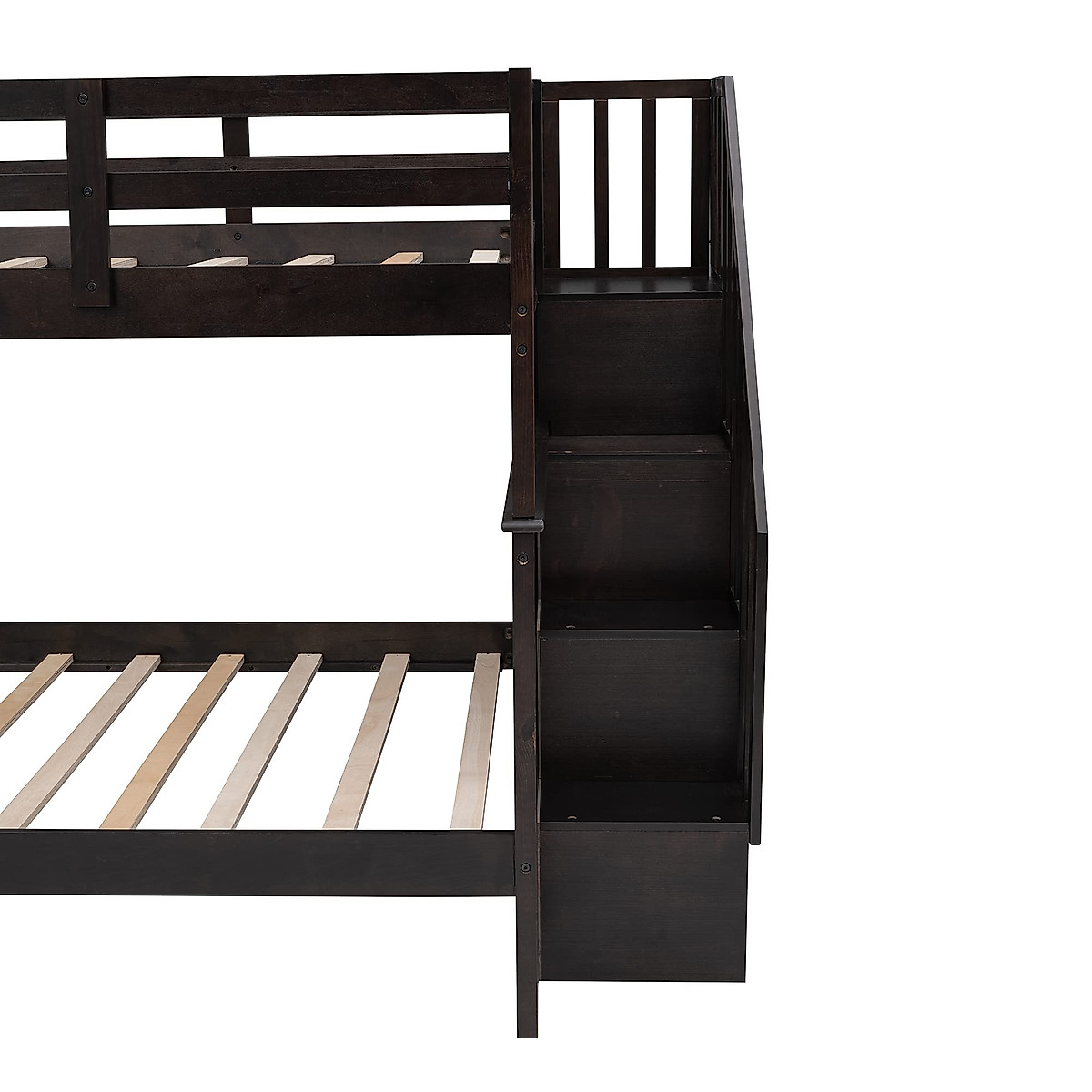 Harper & Bright Designs Full Over Full Bunk Bed with Stairs, Solid Wood Bunk Bed with Storage and Guardrail for Kids Teens Adults (Espresso)