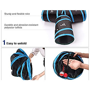 Pawaboo Cat Toys, Cat Tunnel Tube 3-Way Tunnels 25x40cm Extensible Collapsible Cat Play Tent Interactive Toy Maze Cat House Bed with Balls and Bells for Cat Kitten Kitty Rabbit Small Animal, Blue