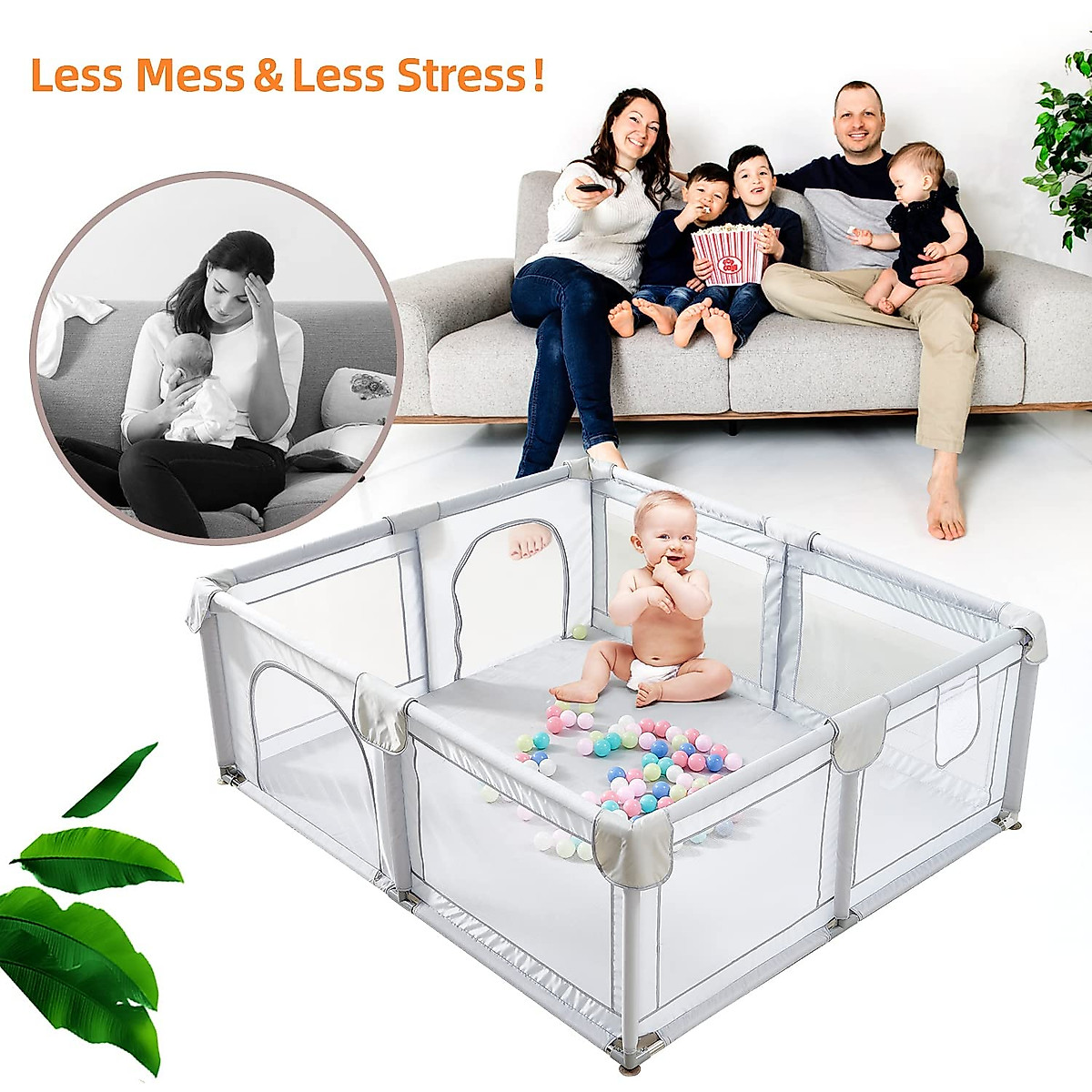 BOJOY Baby Playpen, Playpen for Babies (73x61x27inch), Kids Safe Play Center for Babies and Toddlers, Extra Large Playpen, Sturdy Play Yard for Toddler,Children's Fences Play Area(Grey)