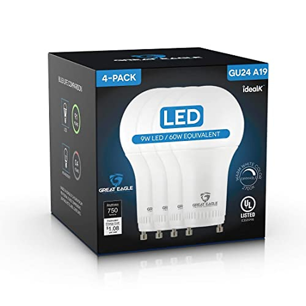 Great Eagle GU24 Led Bulb - A19 Shape, 9W (60W Equivalent), Dimmable, 2700K Warm White, UL Listed, Twist-in Light Bulb, 2 Prong Light Bulbs (4-Pack)