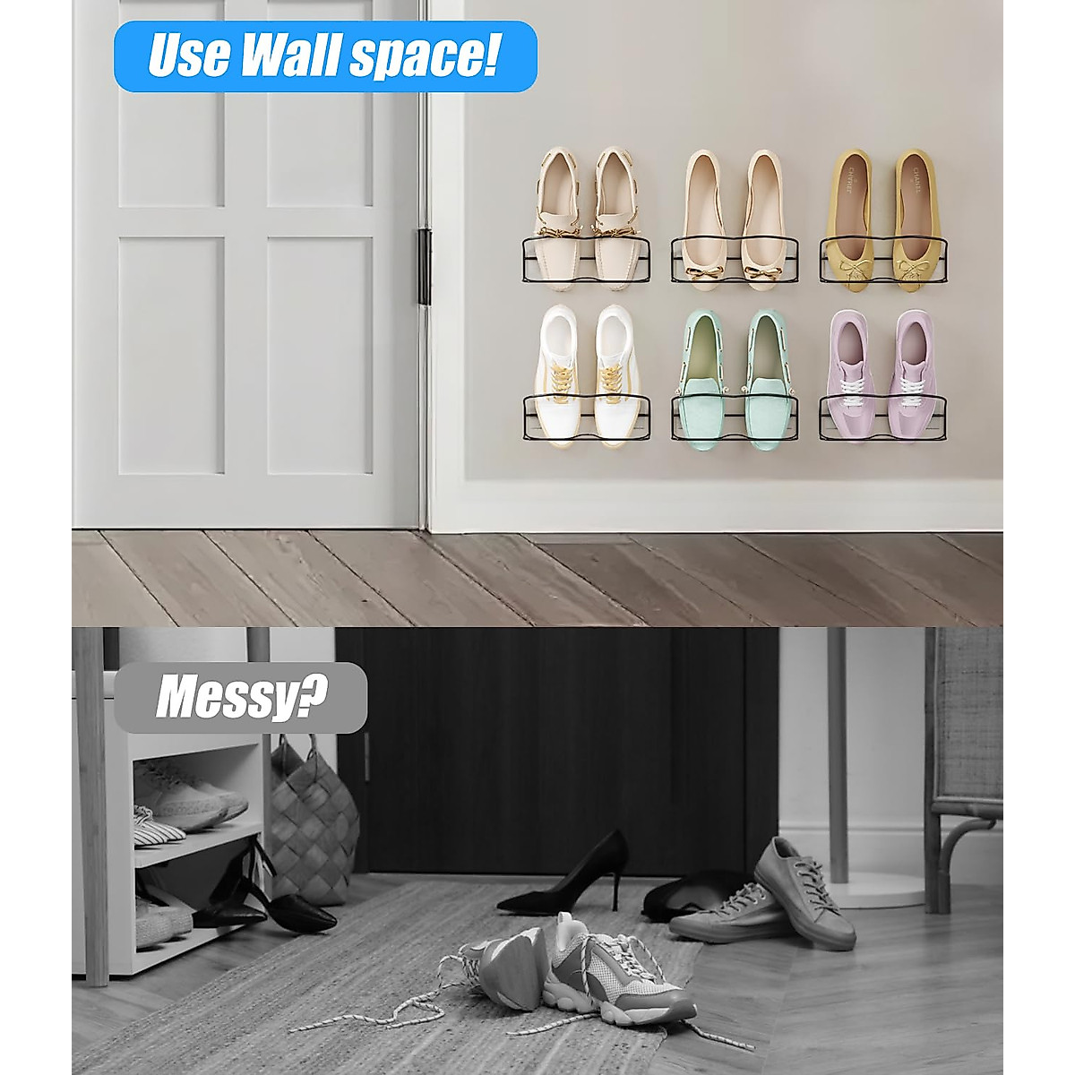 PrimZooty Wall Mounted Shoe Rack 6Pack, with Sticky Hanging Strips, Metal Wall Shoe Storage, Hanging Shoe Organizer for Wall/RV/Door