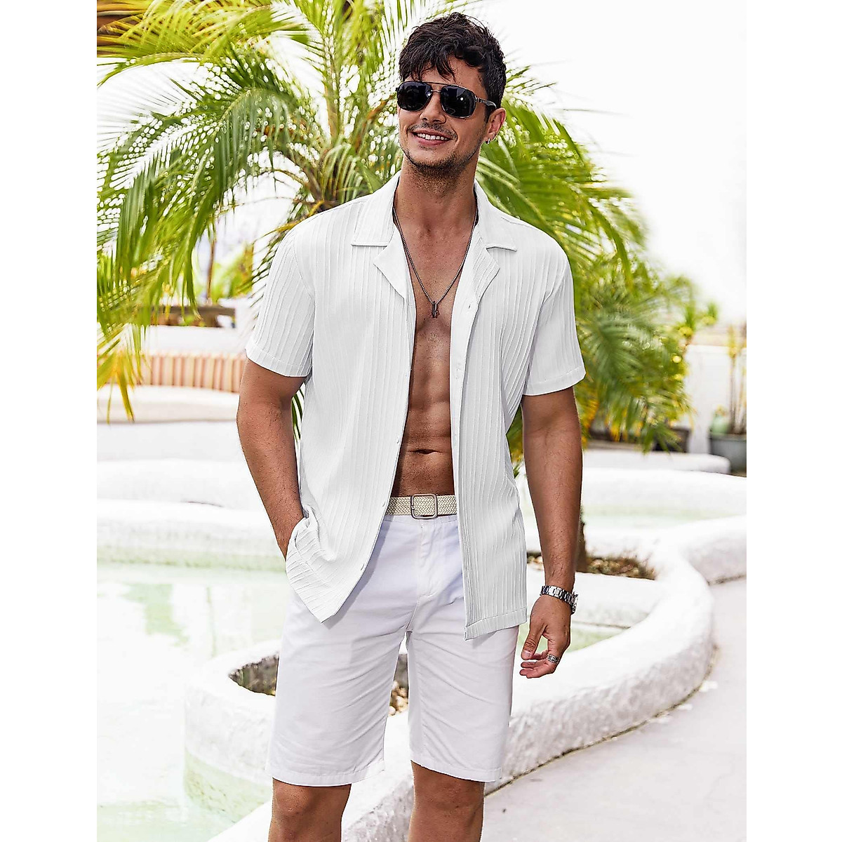 COOFANDY Mens Beach Shirt Short Sleeve Fashion Summer Beach Casual Shirts for Men Regular Fit White - L