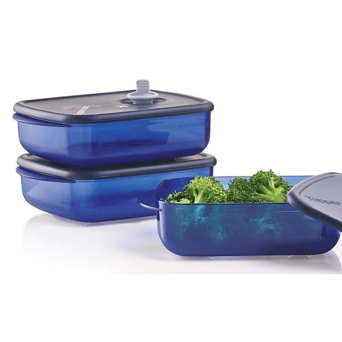 Tupperware Vent N Serve Container Set of 3 Medium Shallow in Indigo Blue