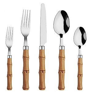 Bamboo Silverware set, Hoften Bamboo Utensils Set for 4, 20 Piece Bamboo Flatware Set, Great for Outdoor, Daily Use and Party, 20 Piece Stainless Steel Silverware Set Service for 4, Dishwasher Safe