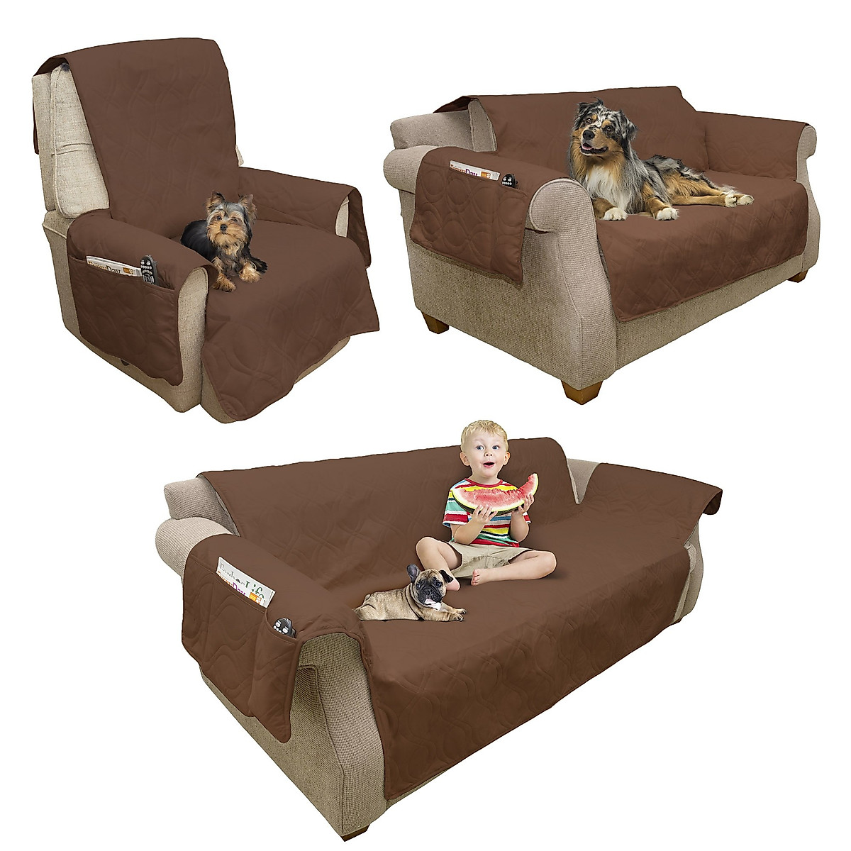 Chair Cover - 100% Waterproof Recliner Cover for Pets - Pet Furniture Cover with Non-Slip Straps and Storage Pockets by PETMAKER (Brown)