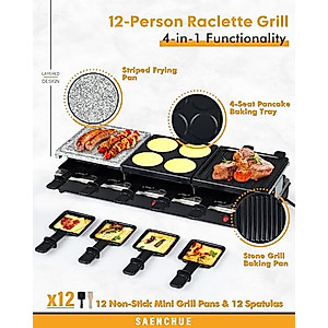 Saenchue Raclette Table Grill - Indoor Electric Grill Griddle - Nonstick Extra Large Reversible 4-In-1 Outdoor Dishwasher Safe with Cheese 12 Paddles 12 Spatulas for 12 Person, FD-12