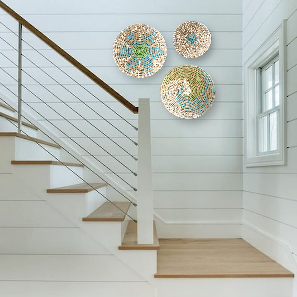 GoGift Wall Basket Decor - Wicker Coastal For Home Baskets Hanging Woven Boho Beach Rattan Seagrass Set of 3 Beige Teal Blue and Light Green