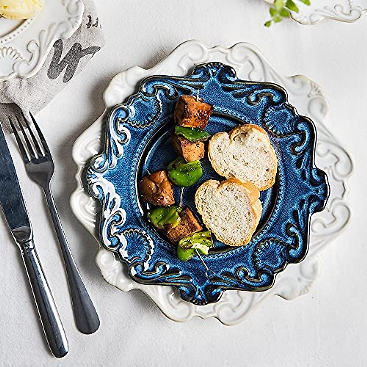 KOWMcp Dinner Plates Vintage Embossed Dessert Plate Ceramic Salad Dish Steak Pasta Dinner Plate Kitchen Tableware Dinnerware Party Household (Color : White, Size : C)