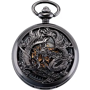 SIBOSUN Mechanical Pocket Watches Mens Lucky Phoenix and Dragon Skeleton Pocket Watch Black Antique Roman Numerals Box