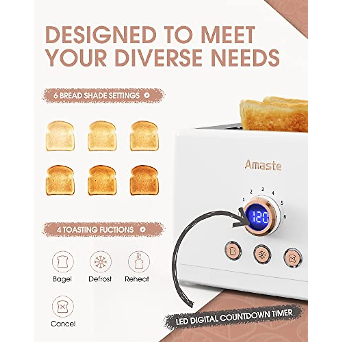 2 Slice Toaster, Retro Bread Toaster with LED Digital Countdown Timer, Extra Wide Slots Toasters with 6 Bread Shade Settings, Bagel, Cancel, Defrost Function, Stainless Steel with High Lift Lever, Removal Crumb Tray, White