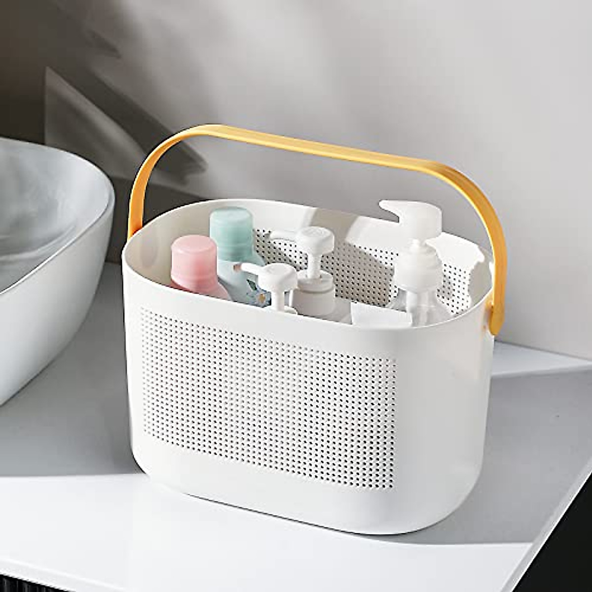 UUJOLY Plastic Storage Baskets with Handles, Shower Caddy Shelf Organizers Basket for Bathroom, Kitchen, Dorm Room, Yellow