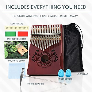 UNOKKI 17 Key Kalimba Thumb Piano For Adults & Kids with Hand Rest; Mahogany Mbira (Cherry Finish); Tuning Hammer, Finger Covers, Key Stickers & More Included; Christmas Stocking Stuffer Gift