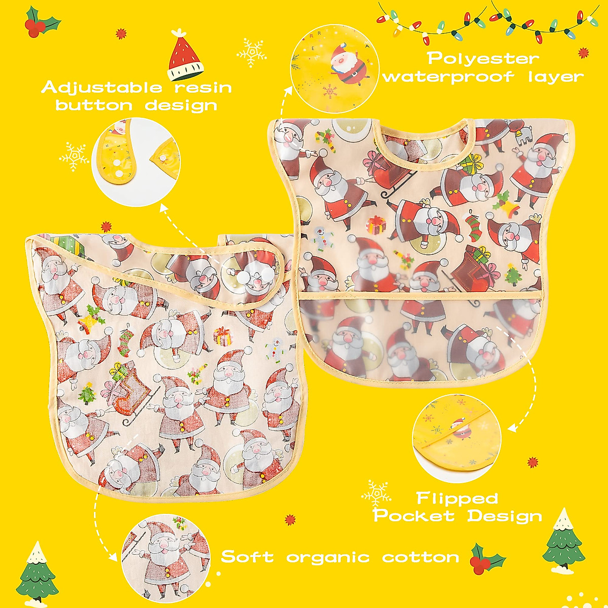 2ooya 4pcs Christmas Baby Feeding Bibs Toddler Waterproof Bib Set with Crumb Catcher Pocket Infant Adjustable Teething Food Bib Baby Keepsake Gift for Christmas,6-12 Months