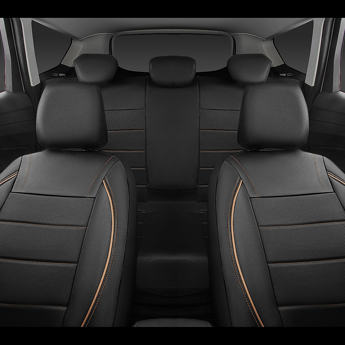 CAR PASS Universal FIT Piping Leather Two Front Seat Covers, Waterproof Faux Leather for SUV Sedan Van Truck, Airbag Compatible,Reserved Opening Holes for Headrest Covers. (Black and Beige)