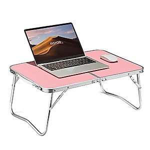 FISYOD Folding Laptop Table, Bed Table Lap Desk, Breakfast Tray Table, Portable Mini Picnic Study Reading Drawing Table, Folding in Half with Inner Storage Space (Pink)