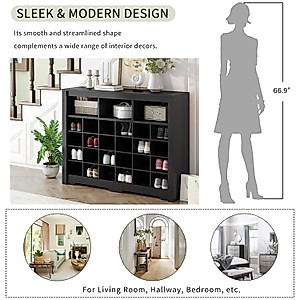 Linique 24 Shoe Cubby Console,Modern Shoe Cabinet Storage with Curved Base,Versatile Sideboard Shoe Organizer for Hallway,Bedroom,Living Room,Black