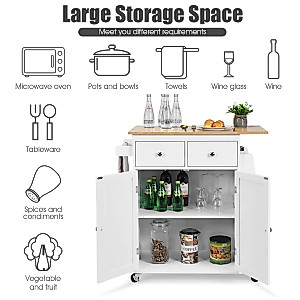 Giantex Kitchen Island Cart, Rolling Wood Trolley with Storage Cabinet, Towel Handle, 2 Drawers, Side Spice Rack and Wine Bottle Rack, Kitchen Cart on Wheels, Rubber Wood Countertop (White)