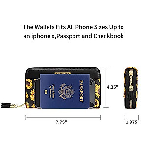 ENYISDAN Wristlet Wallets for Women Sunflower RFID Blocking Leather Zip Cute Long Purse Clutch