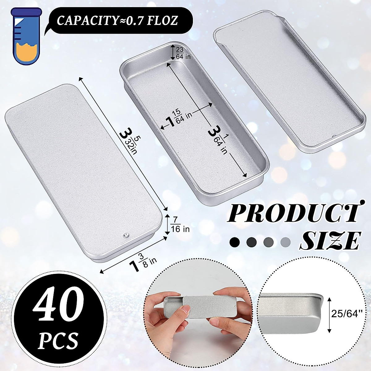 Norme 40 Pcs Small Slide Top Tin Lip Balm with Lids Rectangular Metal Containers for Lip Balm Candies Jewelry Crafts Pills Storage Kit(3.15 x 1.38 x 0.43 Inch,Silver)