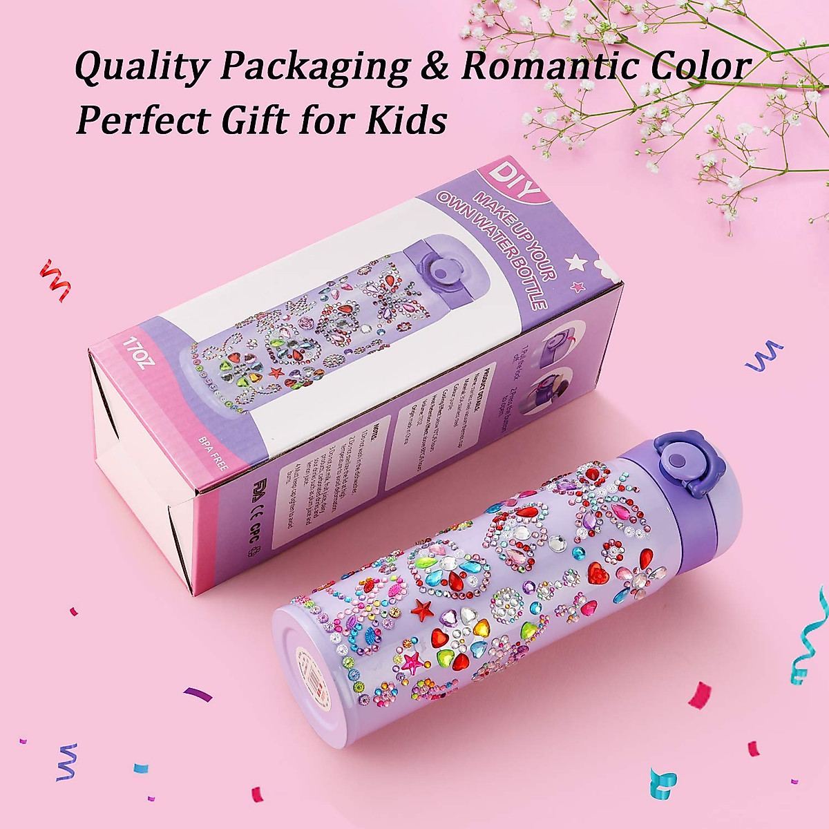 HULASO Gifts for Girls Decorate Your Own Water Bottles with Rhinestone Glitter Gem Stickers - Valentine's Day Gift Girls DIY Arts and Crafts, BPA Free Stainless Steel Vacuum Insulated Mug (17 OZ)