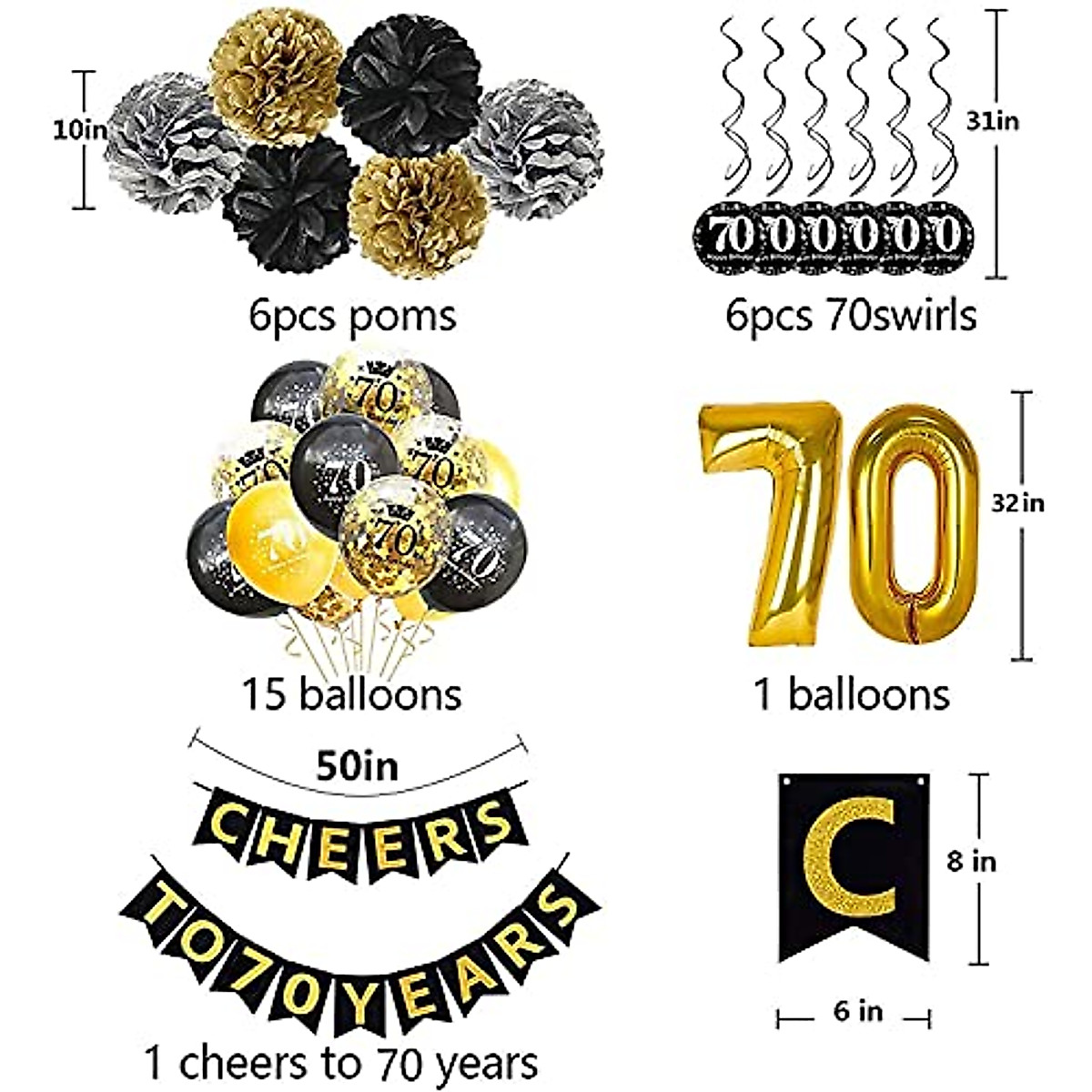 Trgowaul 70th Birthday Party Decorations Kit- Gold Glittery Cheers to 70 Years Banner, Pom Poms, 6Pcs Sparkling 70 Hanging Swirl, 1 Gold Number Balloon and 15 Confetti Balloons 70 Birthday Decoration