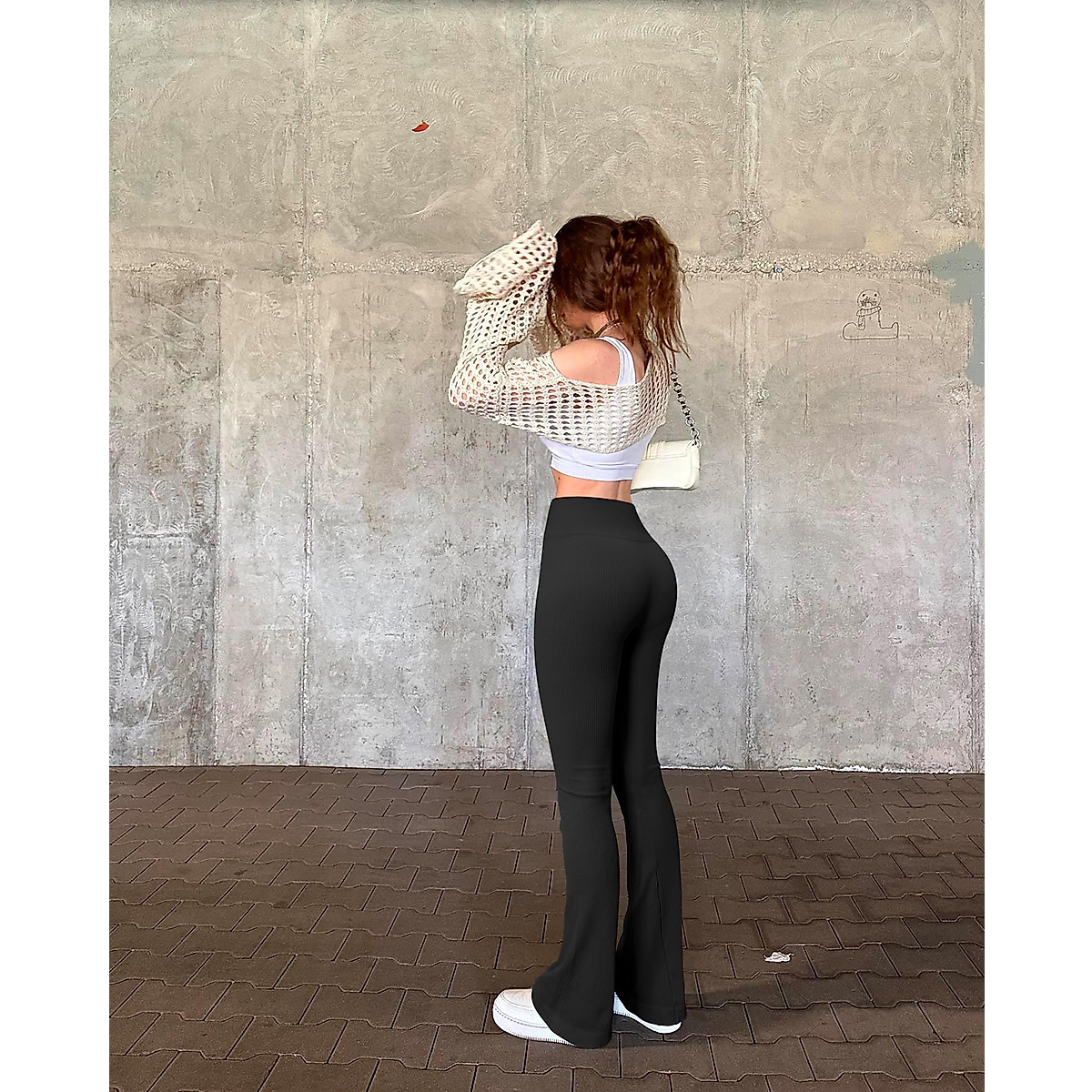 OQQ Women's 2 Piece Yoga Pants Ribbed Seamless Workout High Waist Bell Bottoms Flare Leggings Black Rose3