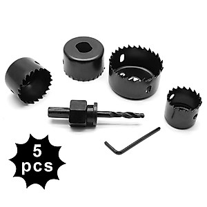 Aracombie 4PCS 1-1/4 Inch to 2-1/8 Inch Hole Saw Kit for Wood, 1.2 Inch Cutting Depth Hole Cutter Drill Bit with Mandrel, Round Hole Saw Set for Cornhole Boards Plastic Drywall Soft Metal (Black)
