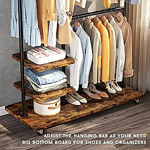 Raybee Clothes Rack Heavy Duty Clothing Rack, 400LBS Rolling Garment Rack with Shelves, Industrial Clothing Rack with Shelves, Portable Adjustable Clothes Rack for Hanging Clothes, Rustic Brown