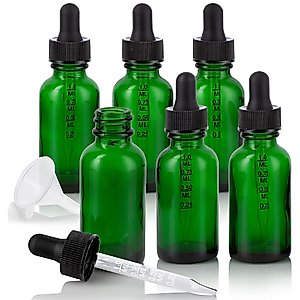 JUVITUS 2 oz / 60 ml Green Glass Boston Round Bottle with Graduated Measurement Dropper (6 Pack) + Funnel