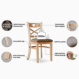 Livinia Heart X-Back Dining Chair Set of 2, Solid Malaysian Oak PU Leather Upholstered Cushion Seat Wooden Cross Back Side Chairs (Natural-Oak)