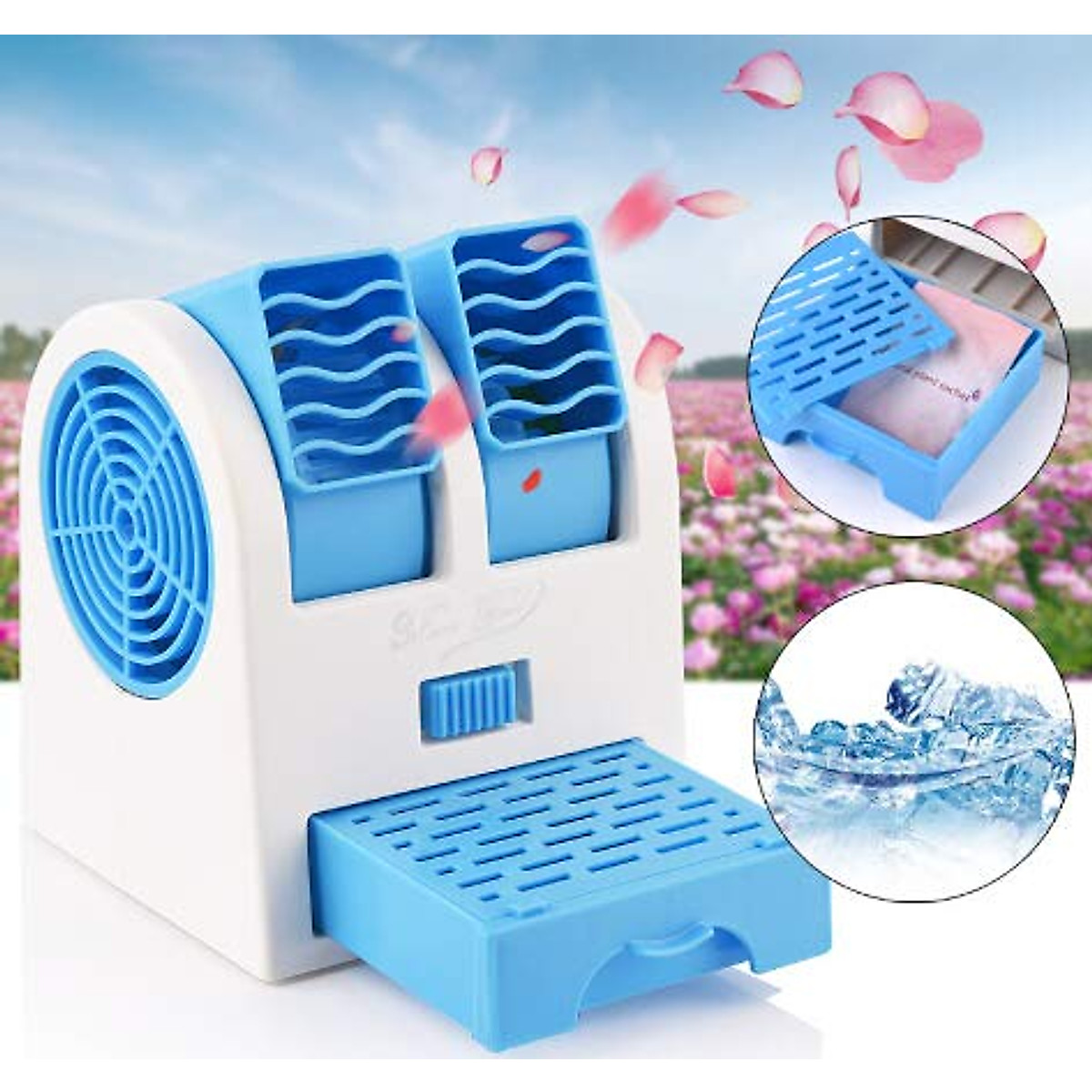 BXT Portable Air Conditioner Fan Dual Bladeless Safe Mini Personal Fan Battery Powered/USB Recharging Table Desktop Fan Drawer Frgance Perfume Oil Misting Fan Cooling Cooler Indoor/Outdoor Use