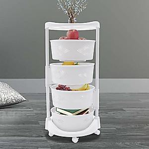 LOYALHEARTDY Rotating Storage Rack 4 Tier Round Mesh Baskets Storage Shelf Rack Adjustable Height Kitchen Storage Shelf with 5 Lockable Casters for Kitchen Bathroom Bedroom White