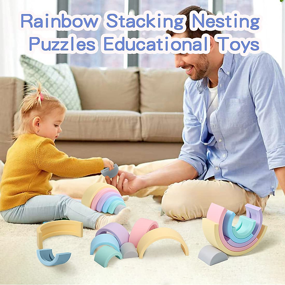let's make Silicone Stacking Toy 8 Pcs Rainbow Stacker Building Block Set Semicircular Arch Stacking Game Early Education Toy for Babies 3 Years