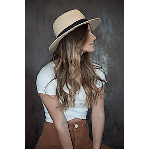 Pineapple&Star Sun Straw Fedora Beach Hat Fine Braid UPF50+ for Unisex (Medium, Beige)