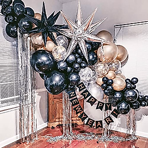 PartyWoo Star Balloons 6 pcs, One-Piece 14-pointed Star Explosion Balloons with Ribbon, Black Point Star Foil Balloons, Large Mylar Balloons Fireworks Shape for Birthday Retirement (27 & 22 inch)