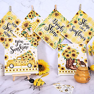 Whaline 6Pcs Sunflower Swedish Kitchen Dishcloths Yellow Flower Gnome Truck Dish Towel Bright Shine Sweet Home Spring Summer Cotton Absorbent Dish Cloth for Cleaning Housewarming, 6.9 x 7.7 Inch