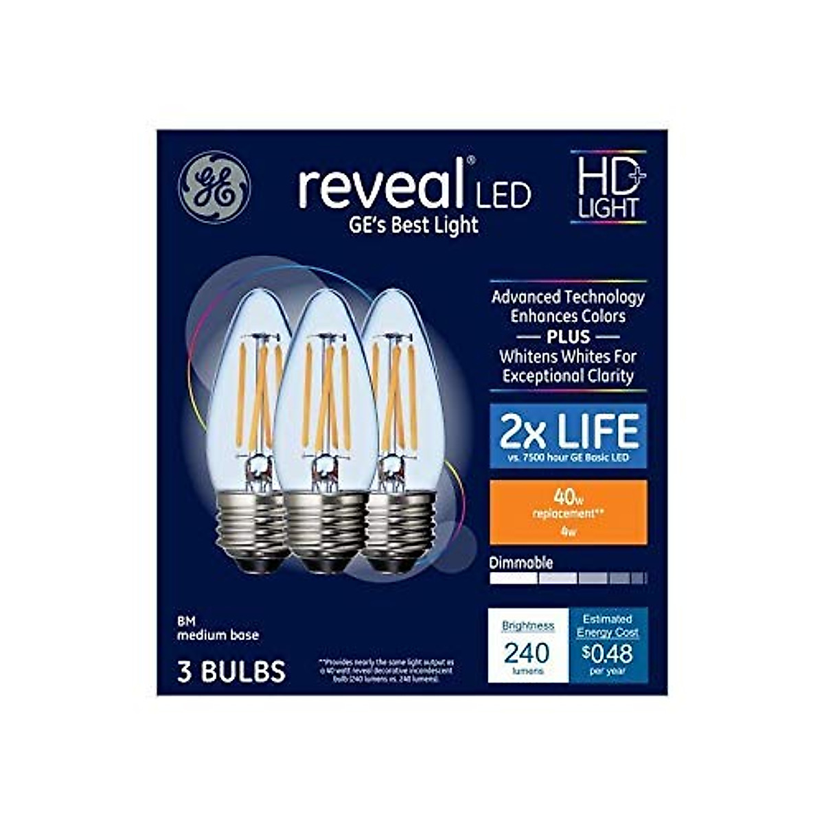 GE Reveal 40-Watt EQ Color-Enhancing Dimmable Candle Light Bulb (3-Pack)