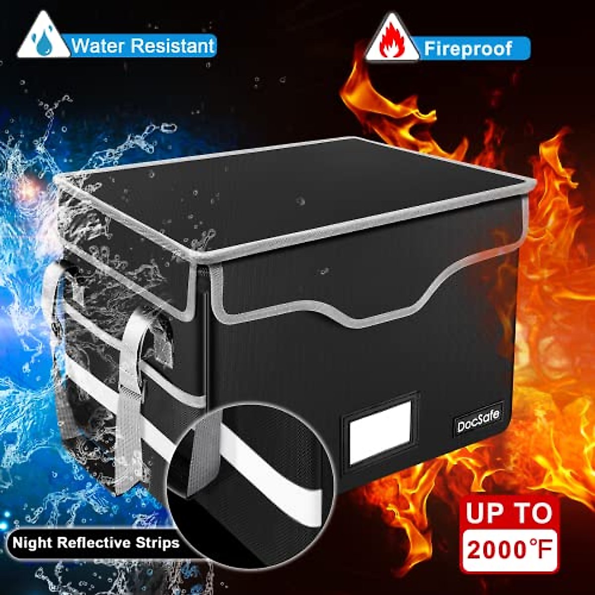 DocSafe File Box Fireproof Document Box with Lock,File Storage Organizer Box with Mesh Pockets,Collapsible Portable File Box Home Office File Cabinet with Handle for Hanging Letter/Legal Folder,Black