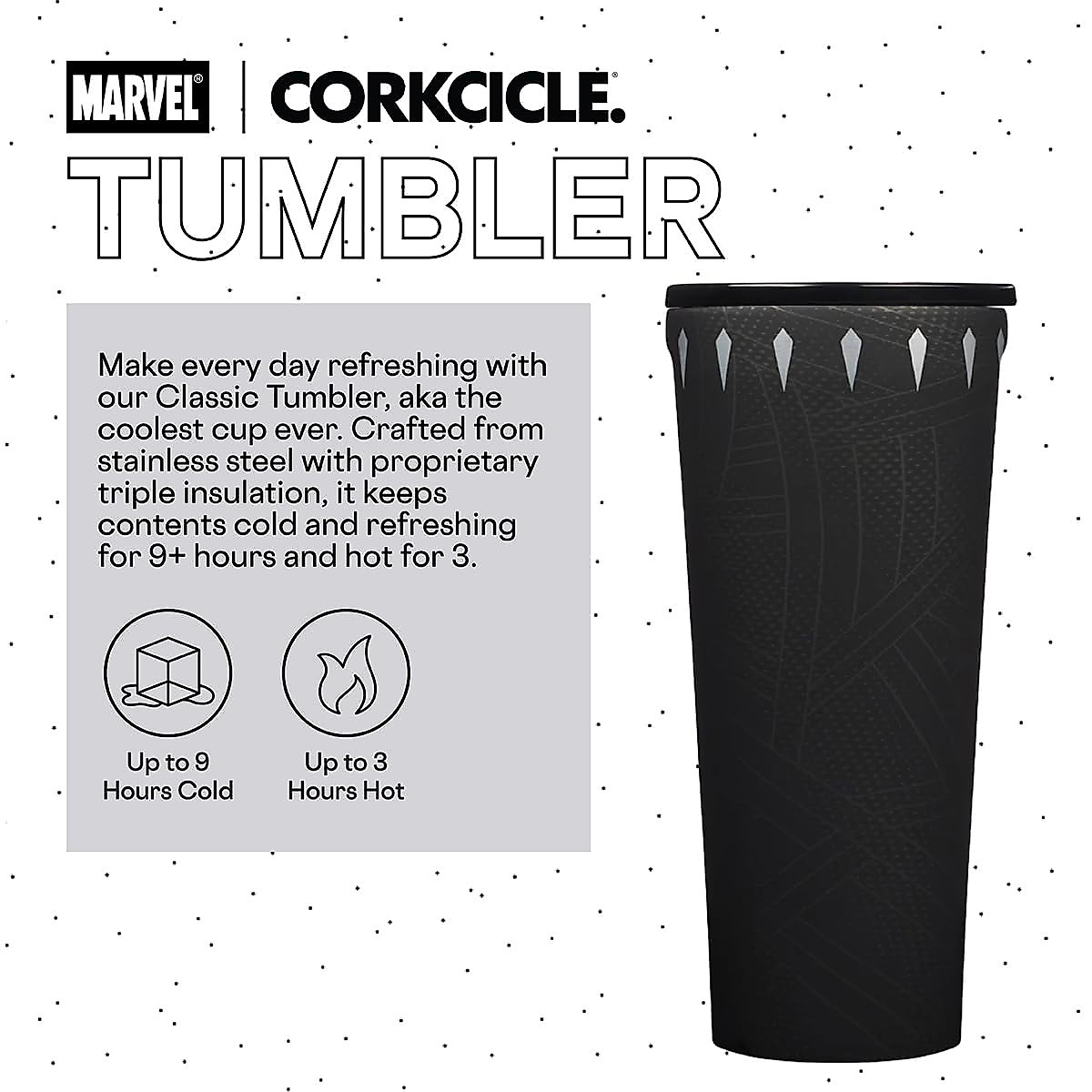 Corkcicle Marvel 24 Ounce Triple Insulated Stainless Steel Travel Cup Tumbler with Lid and Silicone Bottom for Hot and Cold Drinks, Black Panther