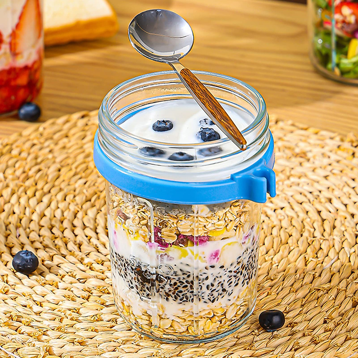 Overnight Oats Containers with Lids and Spoon, 4 Pack Mason Jars for Overnight Oats, 16 Oz Overnight Oats Jars Glass Oatmeal Container to Go for Chia Pudding Yogurt Salad Cereal Meal Prep Jars (Blue