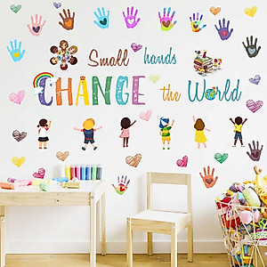 HATARU Colorful Inspirational Saying Wall Decals,Motivational Quotes Wall Stickers,Small Hands Wall Decals Nursery Decor,Change The World Handprints Wall Decals for Kids Room Classroom Decor