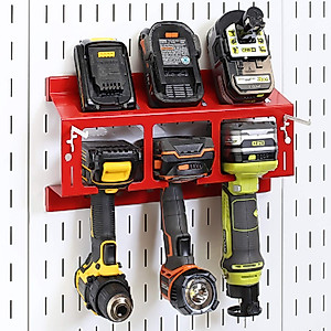Wall Control Drill Holder Power Tool Storage Rack - Compact Impact Drill Battery Power Tool Pegboard Organizer Pegboard (Red)