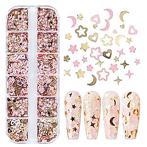 KACHIMOO KACHIMOO Nail Glitter Sequins,12 Grids Gold Pink Nail Glitter Flakes 3D Cherry Blossoms Moon Star Nail Sequin Flakes Heart Nail Charm Nail Accessories for Nail Art Decoration
