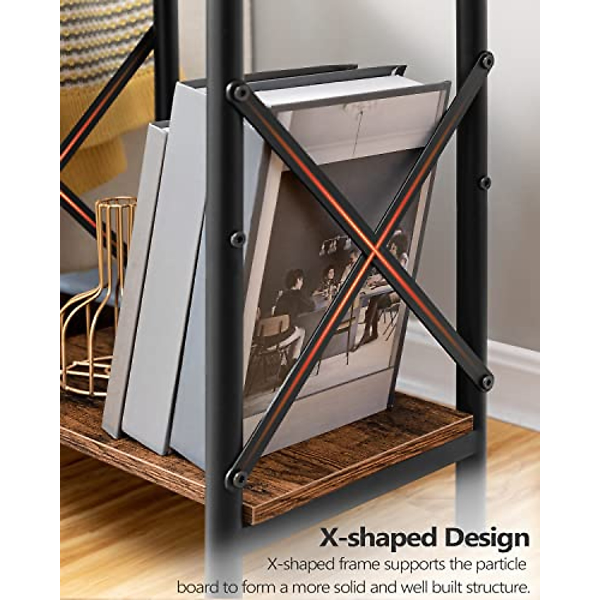 ALLOSWELL Small Side Table, End Table with Storage Shelf, 14.6 x 10.6 x 19.9 Inches, Nightstand X-Shaped Design, Bedside Table, Steel Frame, Living Room, Bedroom, Easy Assembly, Rustic Brown ETHR2801