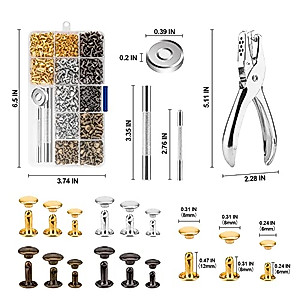 480 Sets Rivets for Leather, Leather Rivet Kit, 4 Colors 3 Sizes Leather Rivets and Snaps for Leather Crafts, Clothes, Shoes, Leather Boots, Bags, Decoration (Gold, Silver, Bronze and Gunmetal)
