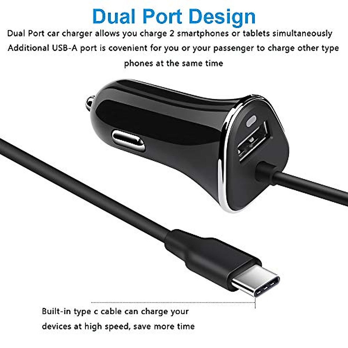 Type C Car Charger, 3.4A Fast Charging USB Car Adapter with 3ft USB C Cable for Samsung Galaxy S23 S22 S21 S20 S10 Note 20 A54 A14 A03S A13 A53 A23 A12 A32 A51,LG Stylo 6 5 4,Pixel 7 Pro 6a 6 5 4 3a