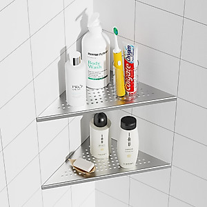 Neodrain 10 Inch Brushed Corner Wall Shelf Set of 2, Floating Corner Shelves for Wall, 304 Stainless Steel Wall Storage Shelves for Bathroom,No Drilling