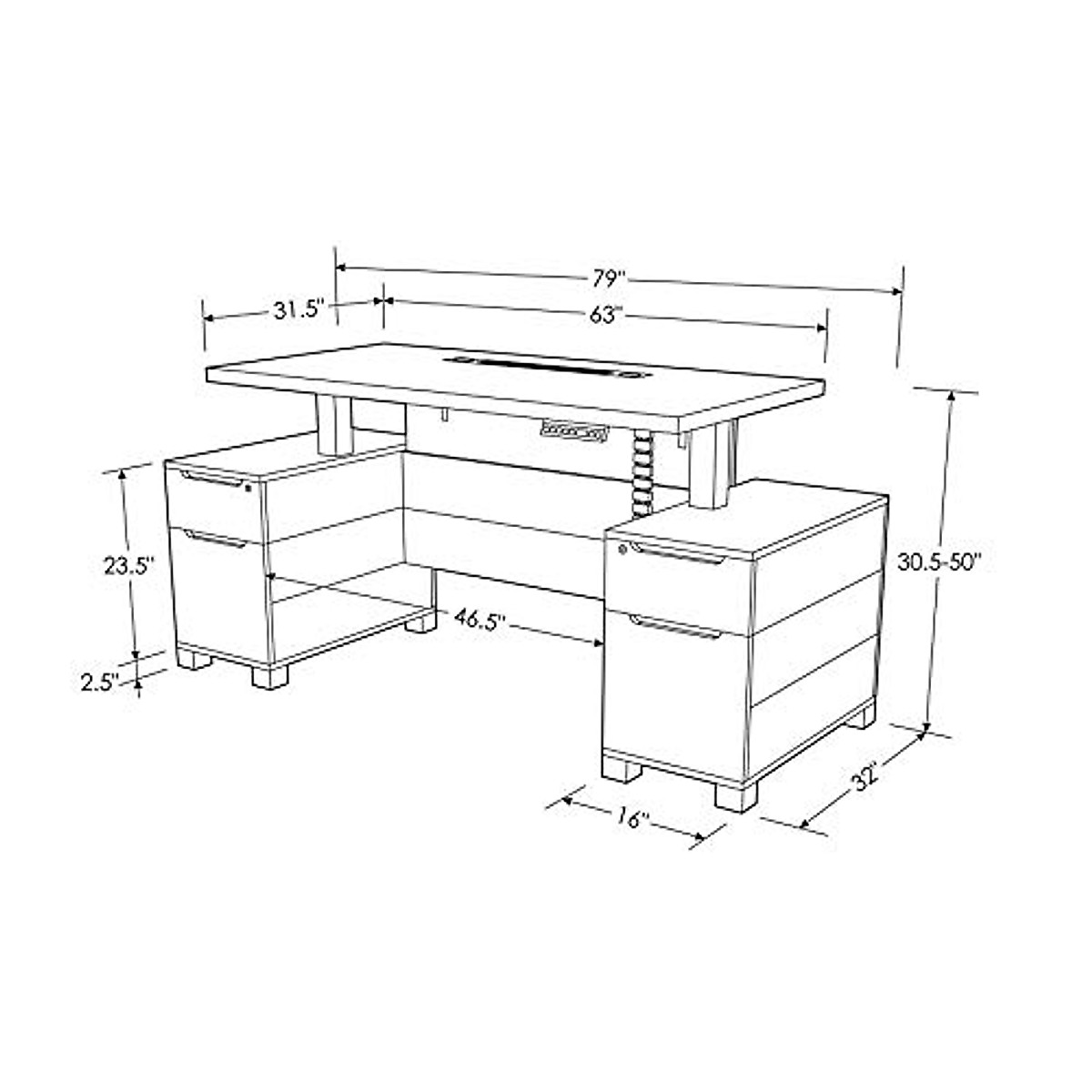 ZURI Furniture Ford Executive Modern Adjustable Height Desk with Filing Cabinets - White