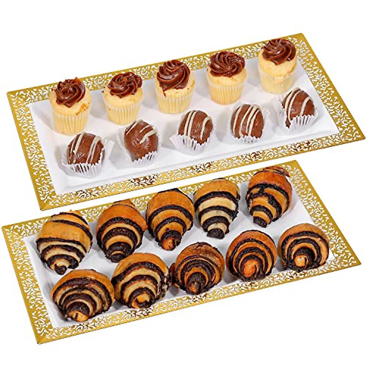 Yumchikel-Elegant Plastic Serving Tray & Platter Set (2pk) - White & Gold Rim Disposable Serving Trays & Platters for Food - Weddings, Upscale Parties, Dessert Table, Cupcake display - 7.5 x 14 inches