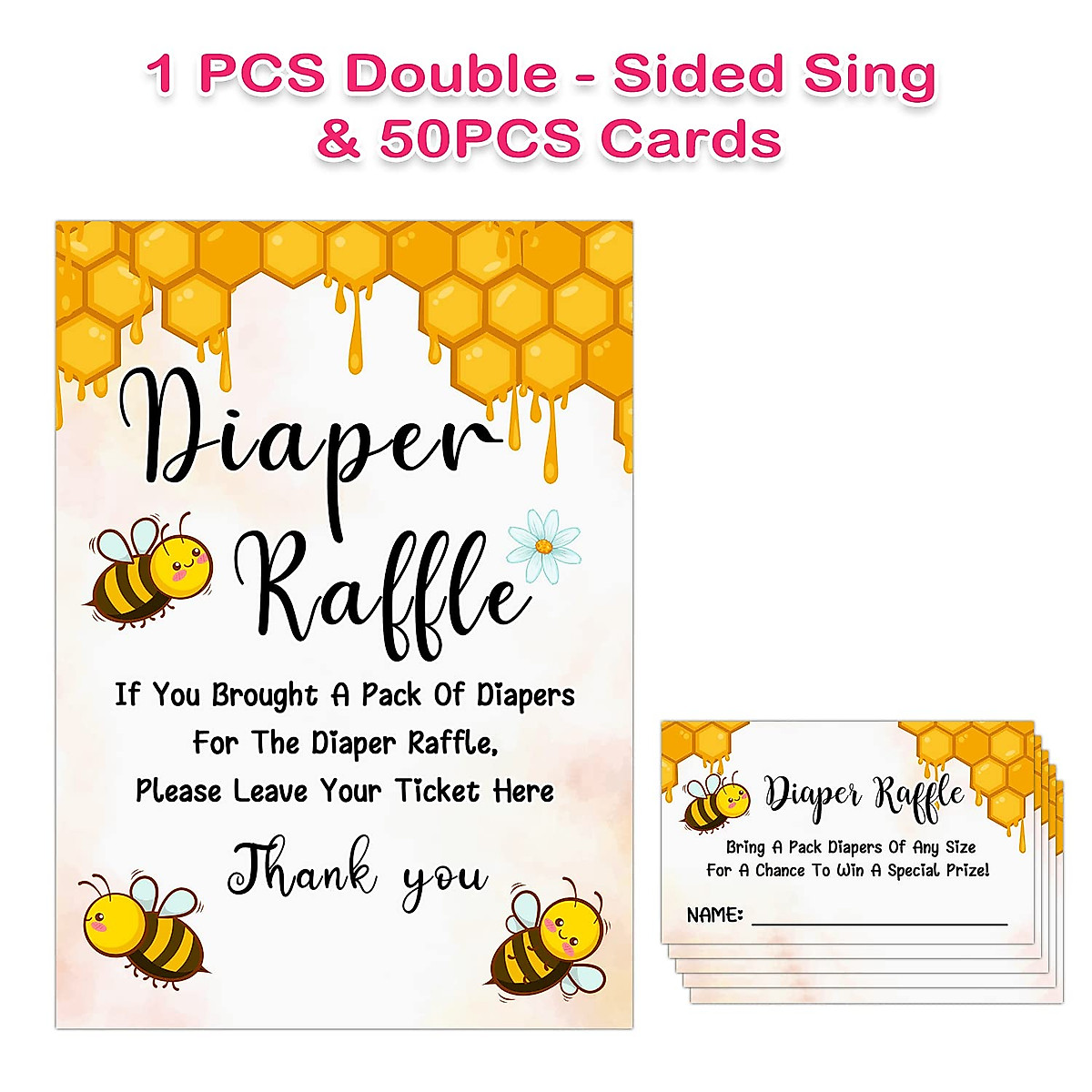 ALodr Honey Bee baby shower diaper raffle card and sign,Diaper Raffle Baby Shower Game - Baby Showers Decorations - Baby Showers Party Decorations Game Cards Kit (1 Sign & 50 Cards)